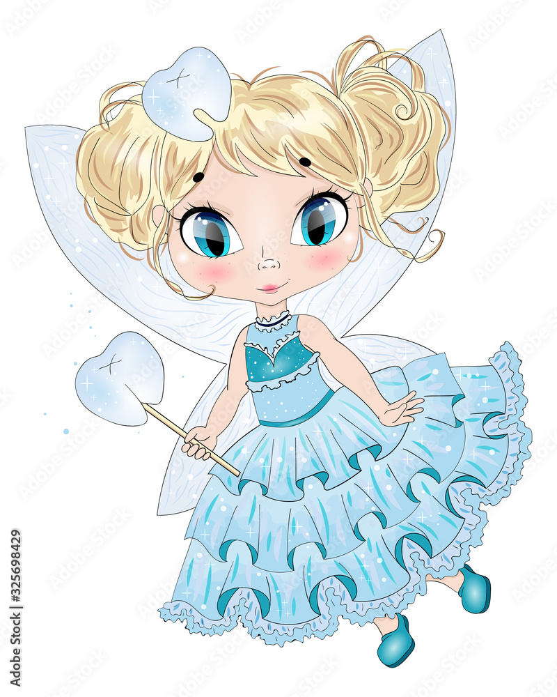 Hand drawn tooth fairy with magic wand and a tooth. Beautiful cute ...
