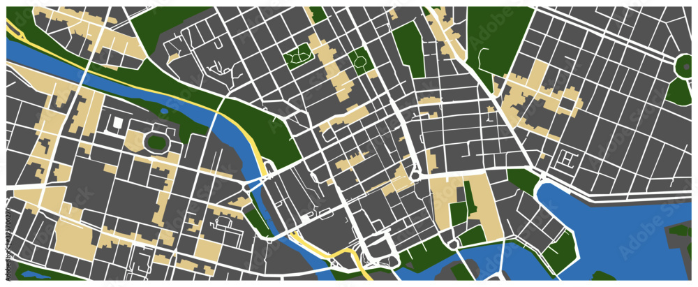 Map of an unknown city. streets squares and parks. Rivers and ponds ...