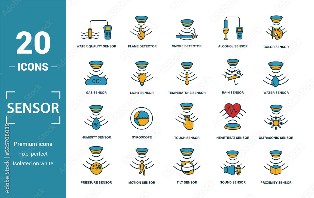 Vetor de Sensor icon set. Include creative elements water quality ...