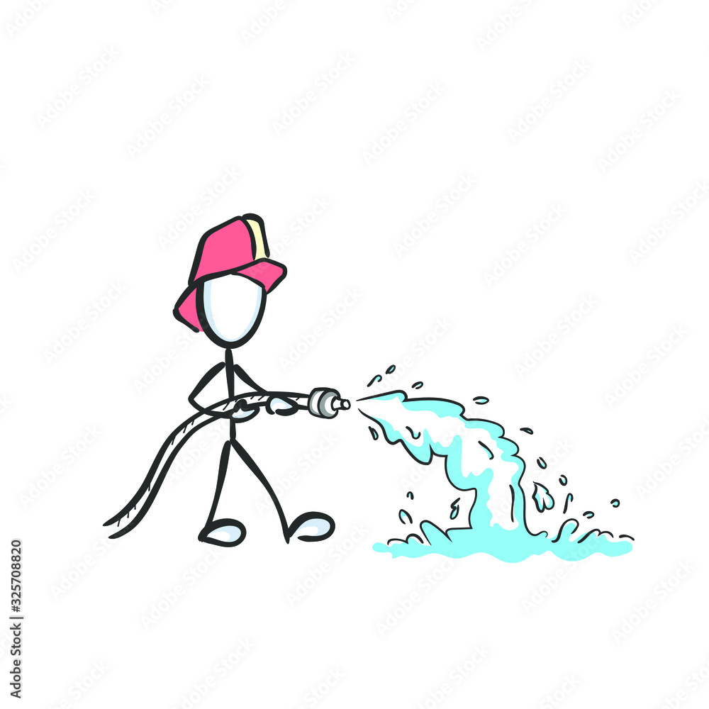 Fireman extinguishing fire. Fireman with water. Hand drawn. Stickman ...