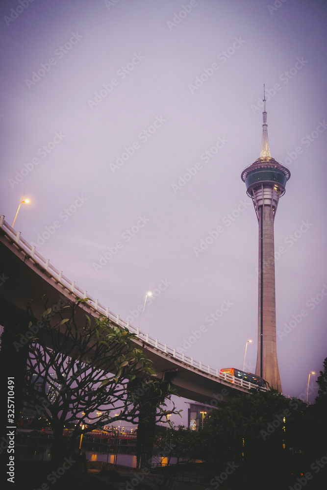 View of Macau Tower in Twilight Time Macau Tower Convention and Entertainment Centre. The ...
