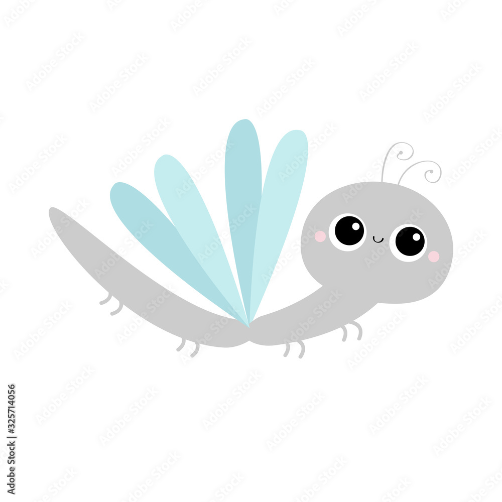 Cartoon dragonfly icon. Cute kawaii funny baby character. Blue wings ...