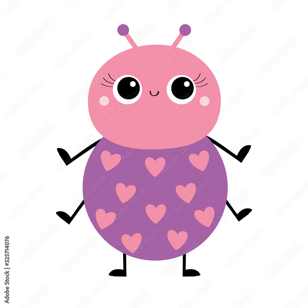 Cartoon beetle bug. Insect animal. Pink and violet heart set pattern ...