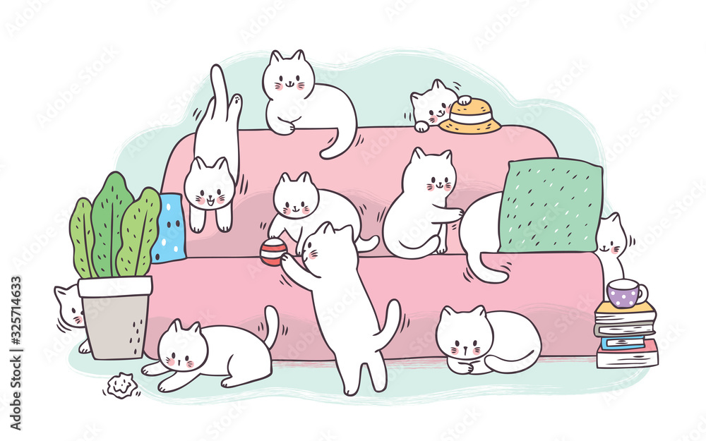 Cartoon cute adorable white cats playing on pink sofa vector. Stock ...