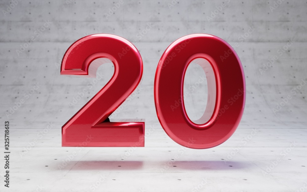 Red number 20. Metallic red color digit isolated on concrete background ...