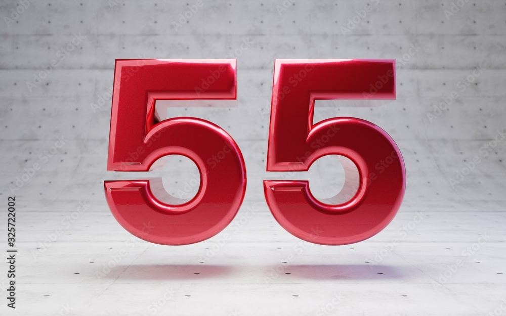 Red number 55. Metallic red color digit isolated on concrete background ...