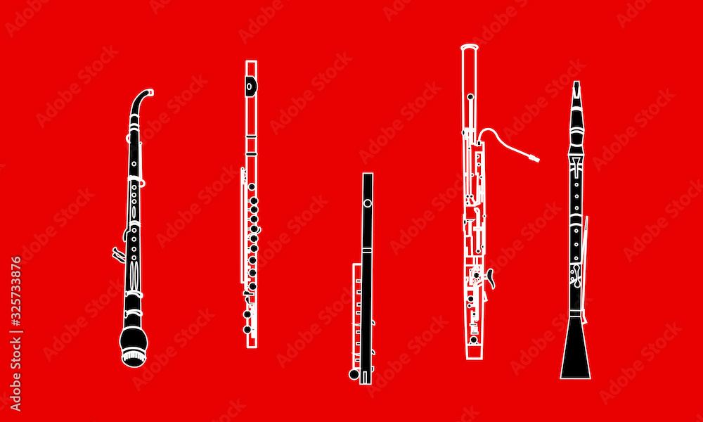 Mixed color line drawi of outline english horn, flute, piccolo, bassoon ...