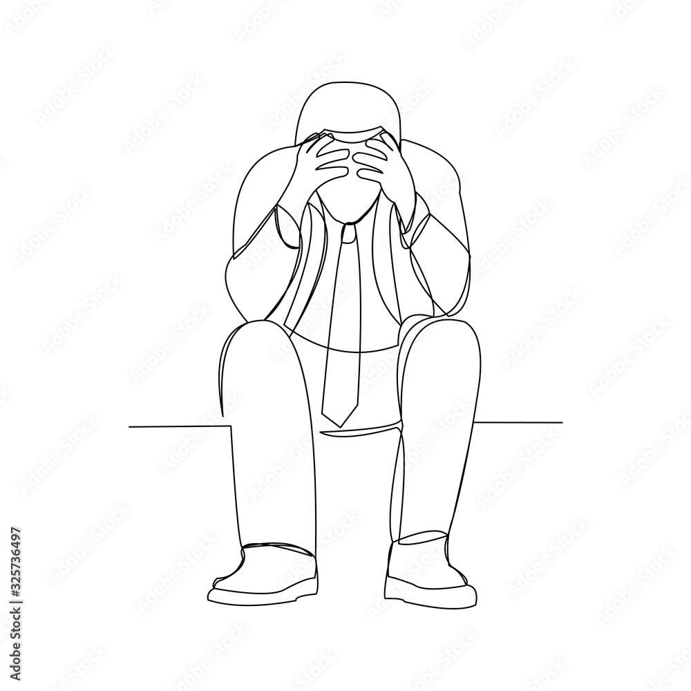 Continuous line drawing of businessman in depression. Vector ...
