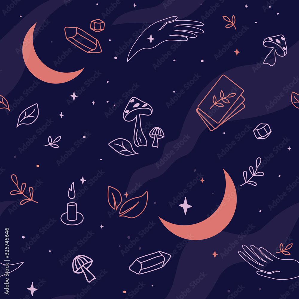 Seamless pattern with modern witch attributes. Magic night sky with ...