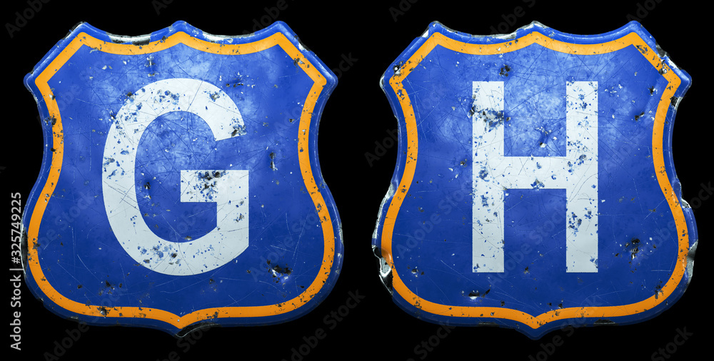 Set of Public road signs in blue and orange color with a capitol white ...