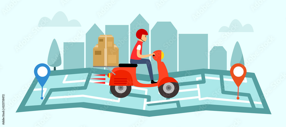 Delivery man riding scooter on map with building background. Delivery ...