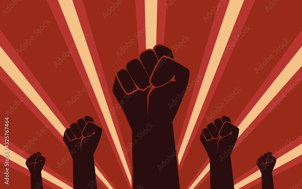 Silhouette Raised fist hand protest in flat icon design on red color ...