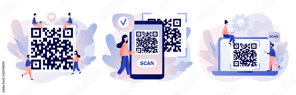 QR Code scanning concept. Tiny people scan code using smartphone ...