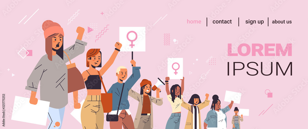 mix race activists protesting holding placards with female gender sign ...