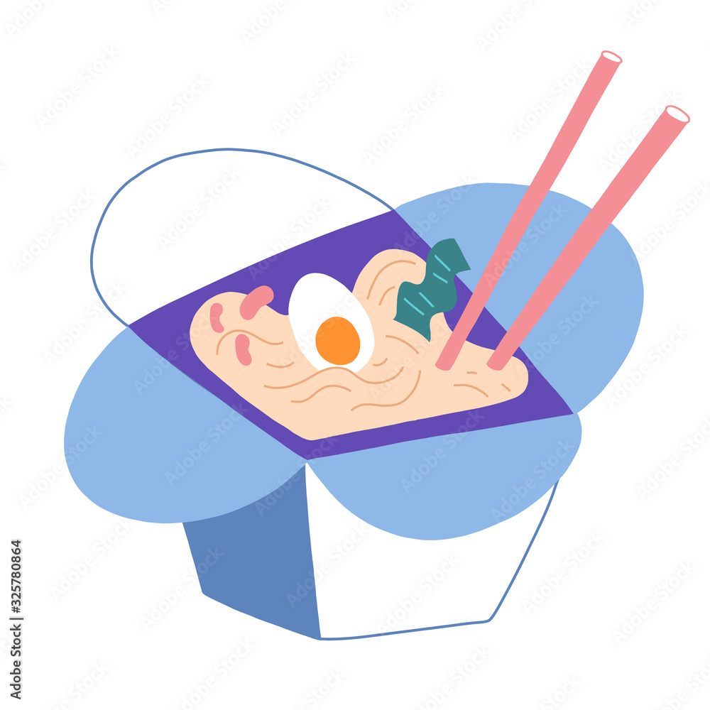 Ramen in take away paper box with chopsticks Doodle flat cartoon ...
