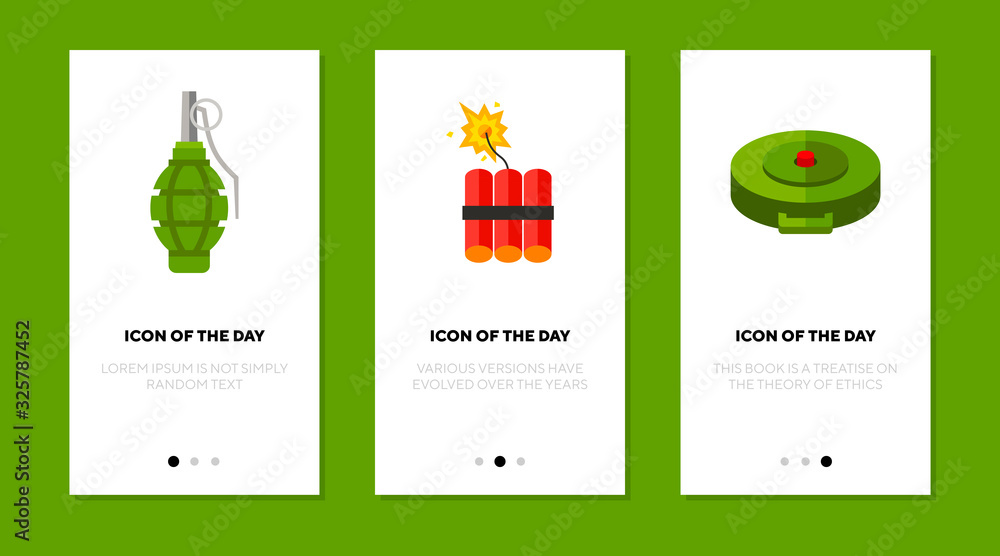 Explosive ammunition flat icon set. Grenade, dynamite, land mine ...