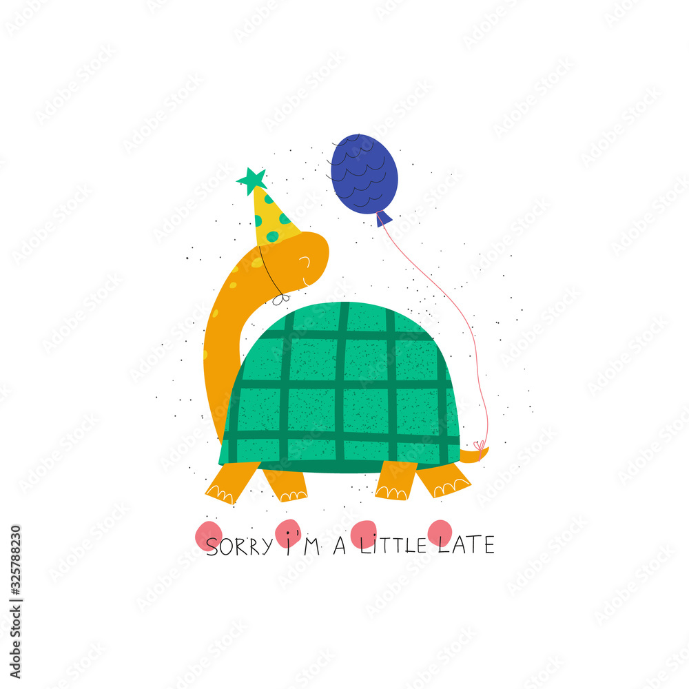 Hand drawn colorful kids birthday greeting card template. Cute turtle ...