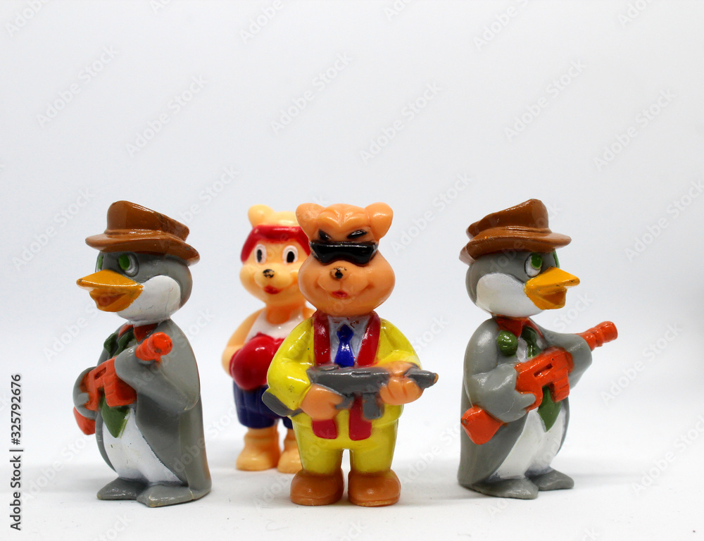 Illegal profit and black cash. Mafia business. Three mascot holding gun ...