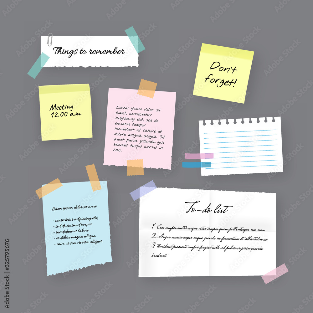 Paper sticky notes, memo messages, notepads and torn paper sheets ...