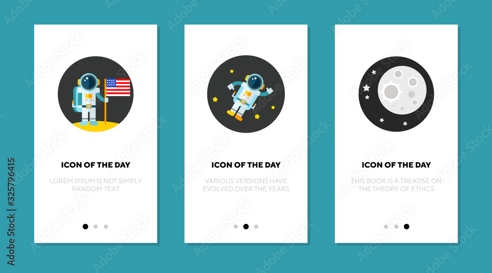 Astronaut in space flat icon set. Spaceman, universe, weightlessness ...