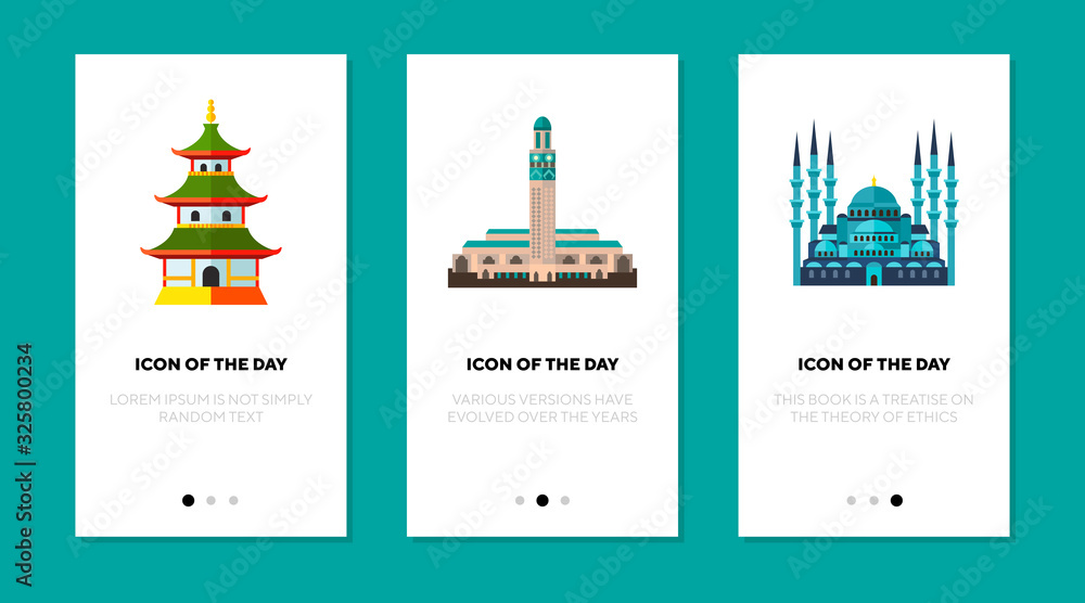 Religion old buildings flat icon set. Muslim, Morocco, temple isolated ...