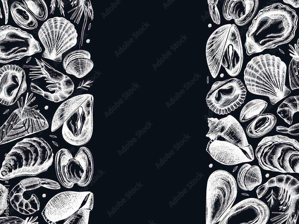 Hand drawn Seafood vector frame design on chalk board. With fresh fish ...