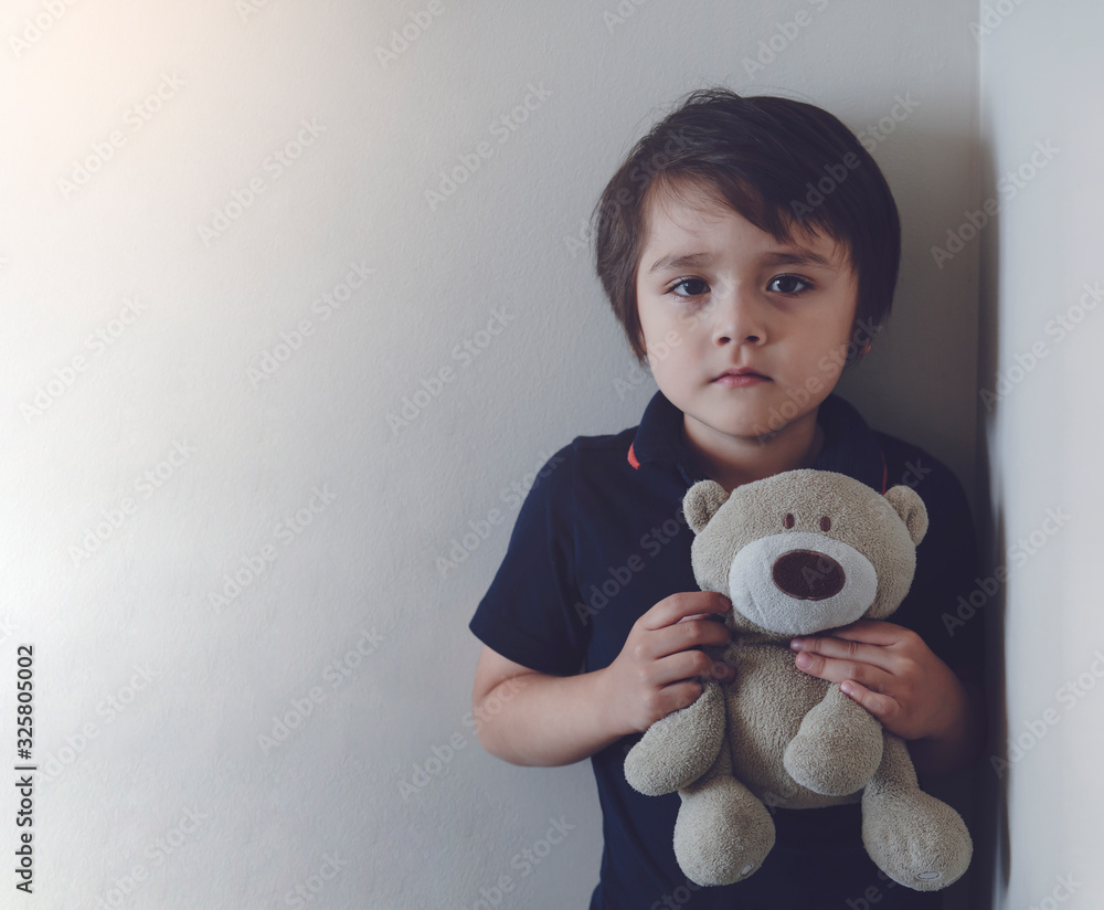 Emotional portrait of little boy holding teddy and looking at camera ...