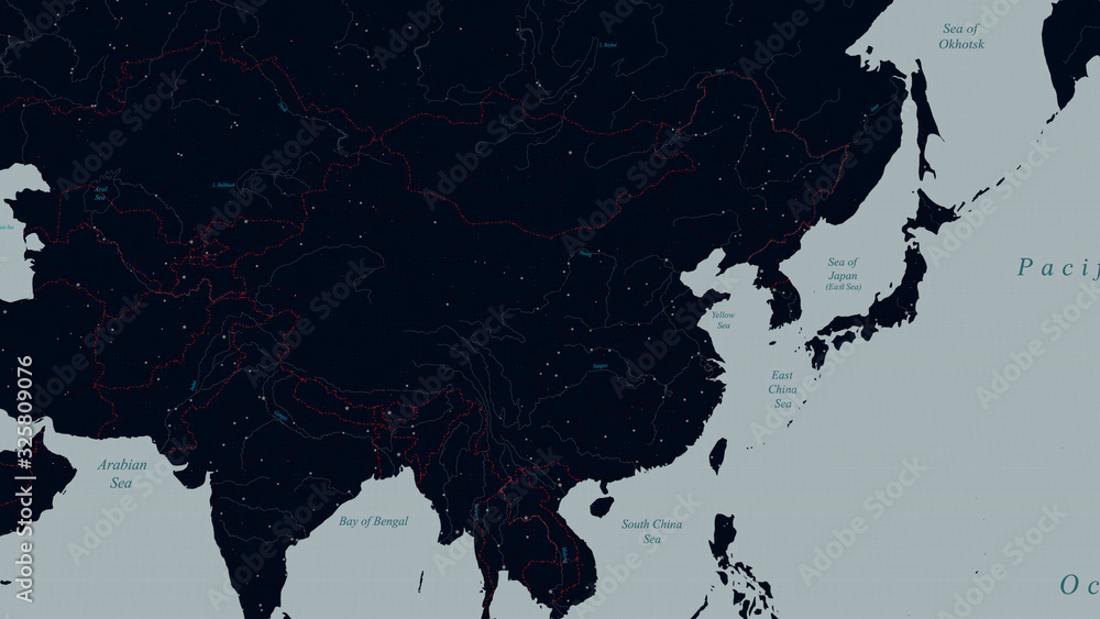The territory of China on a dark background. Detailed map of Asia with ...