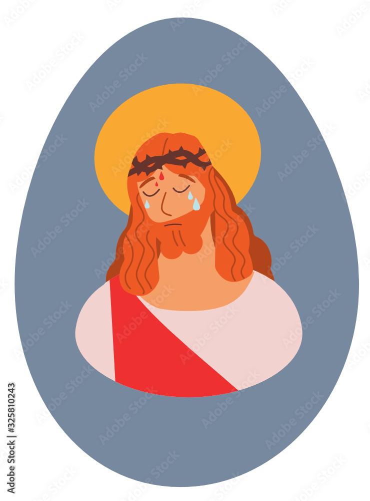 Cute flat vector illustration of crying Jesus Christ in crown of thorns ...