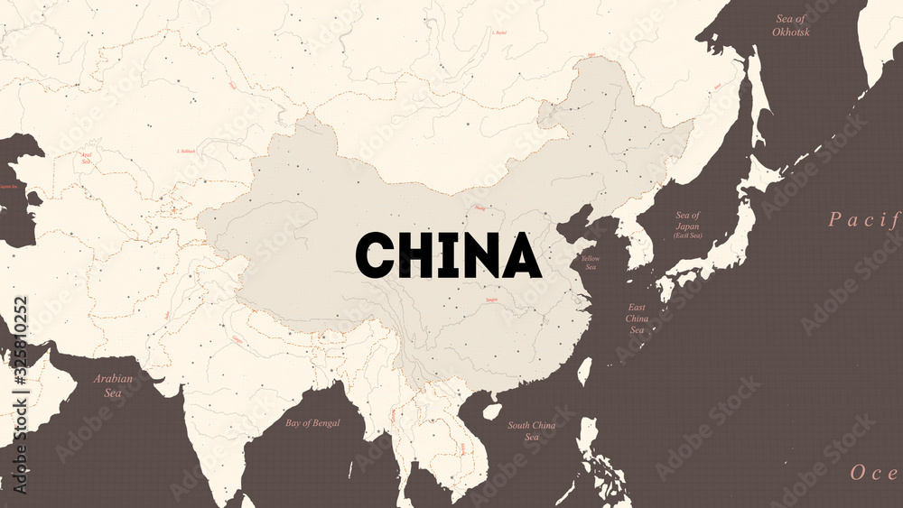 The territory of China with a vintage sepia colors. Detailed map of ...