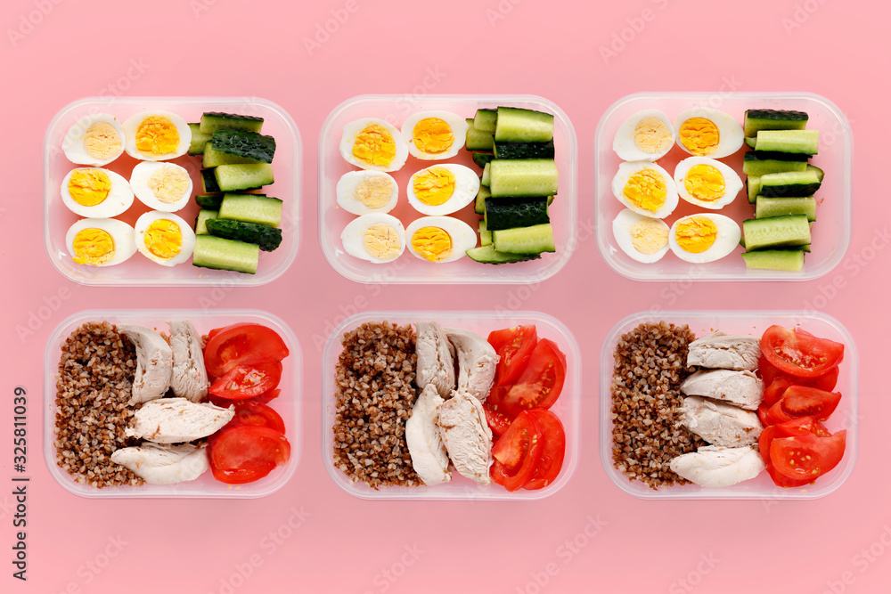 Healthy fitness food for the whole day. Multiple portions in containers ...