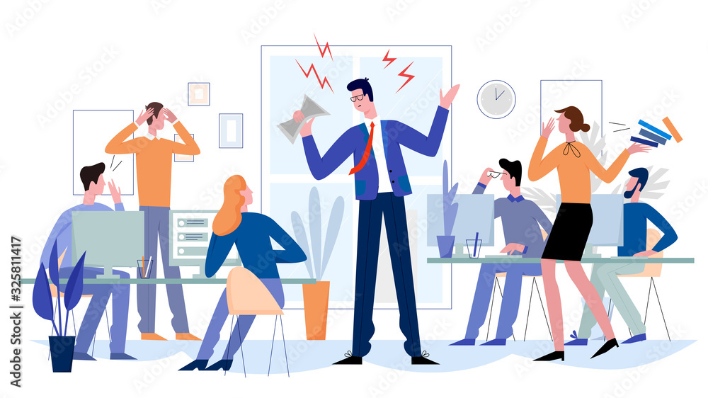 Angry boss in office flat vector illustration. Frightened employees ...