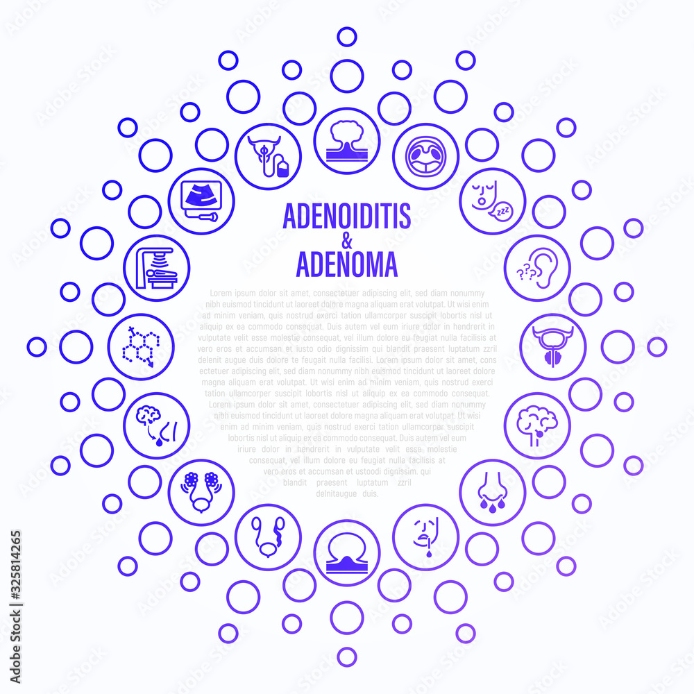 Adenoiditis and adenoma thin line icons in circle shape. Benign tumor ...