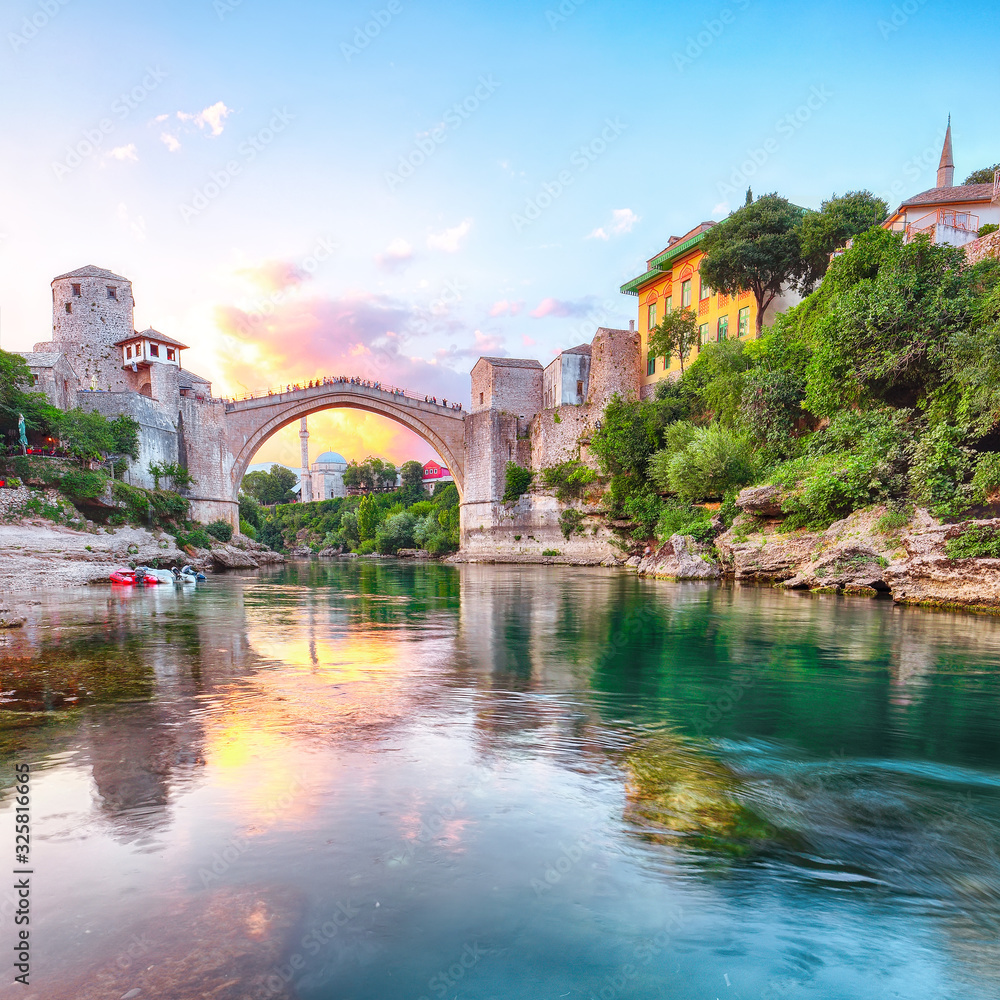 Fantastic Skyline of Mostar with the Mostar Bridge, houses and minarets ...