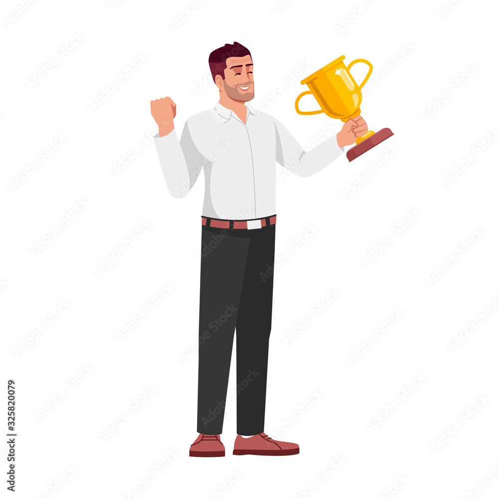 Triumphant office worker semi flat RGB color vector illustration. Young ...