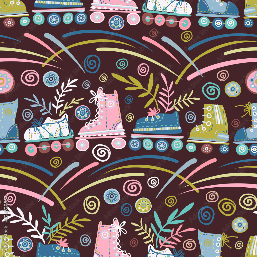Seamless vector pattern with retro colourful roller skates with flowers ...
