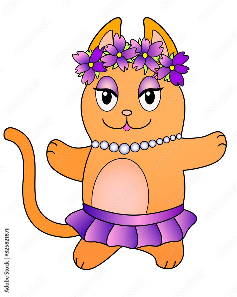 Cute, red, dancing cat in a wreath of purple flowers and a ballet tutu ...