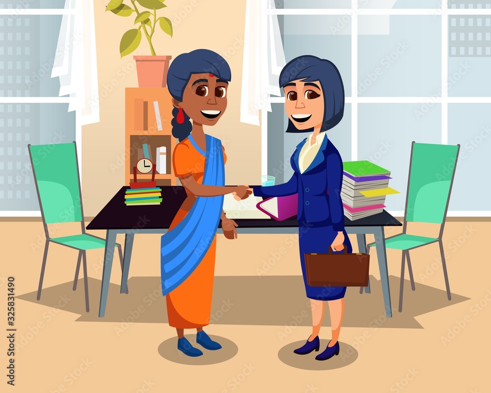 Multiethnic Women Handshaking. Cartoon Partners Female Characters. Flat ...