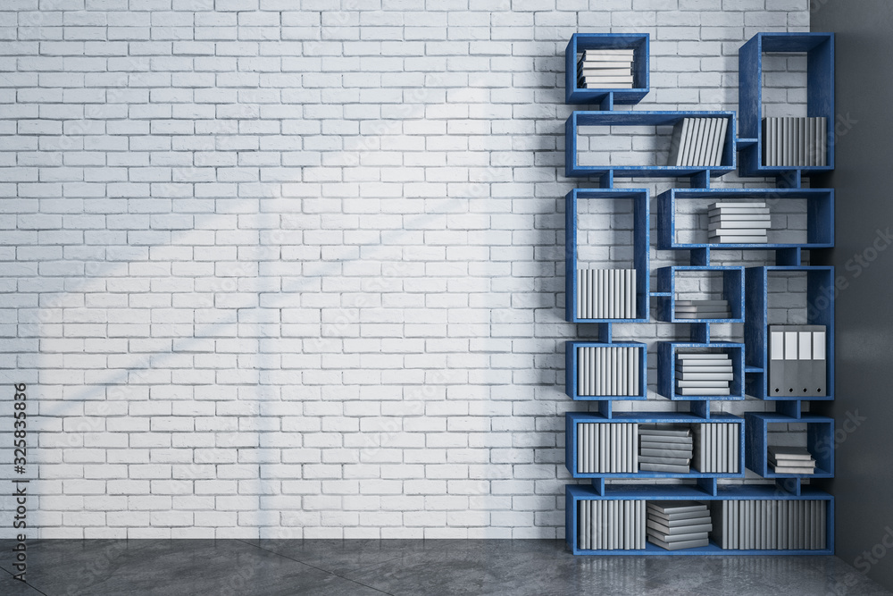 Contemporary loft library with bookcase and blank brick wall Stock ...