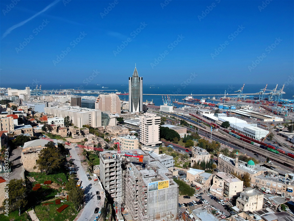 Areal photo of downtown Haifa and the port Stock Photo | Adobe Stock