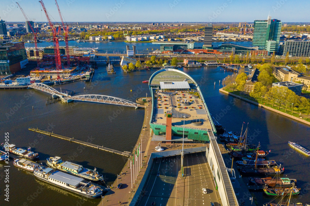 Amsterdam, Netherlands. July 10, 2019. Aerial view of the Nemo Science ...