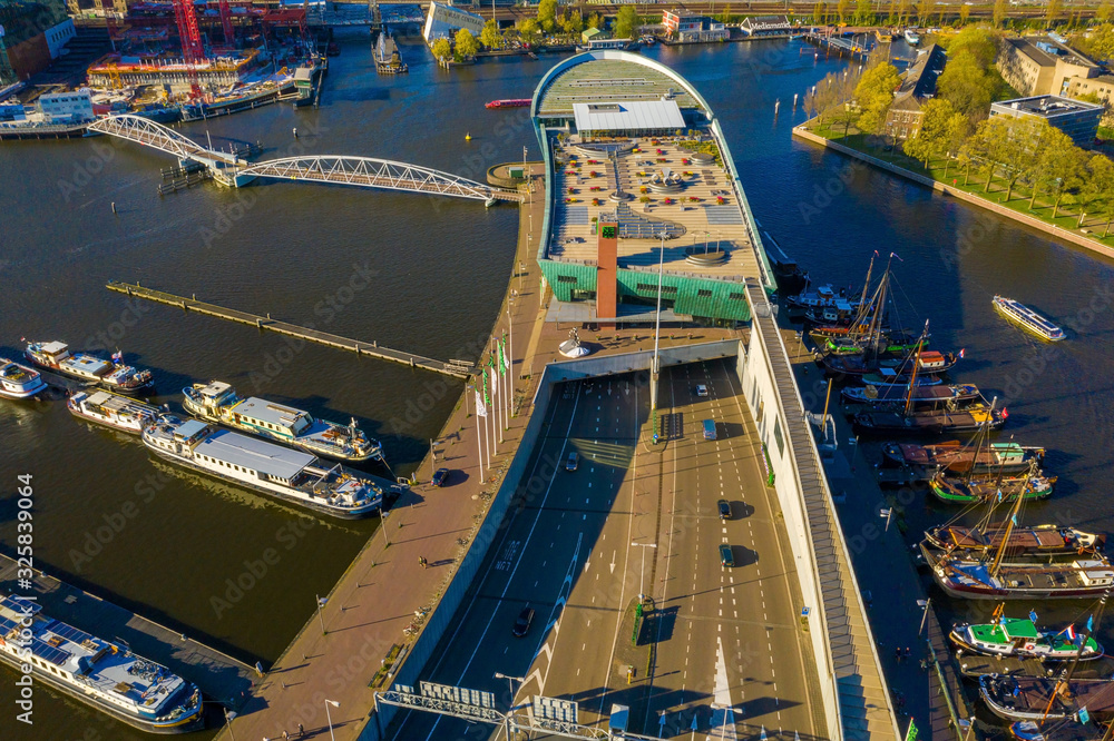 Amsterdam, Netherlands. July 10, 2019. Aerial view of the Nemo Science ...