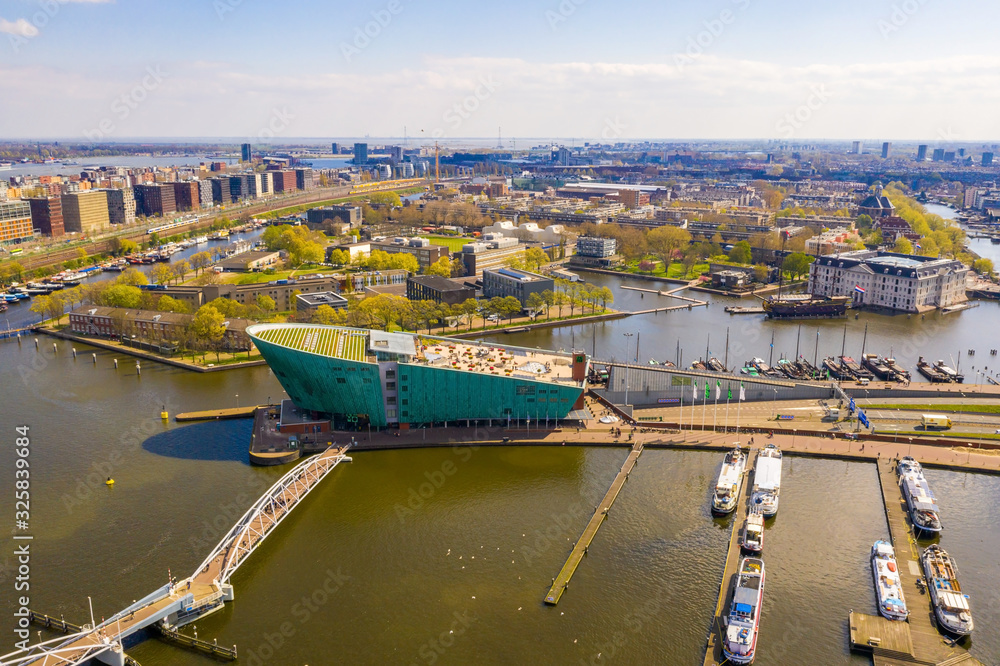 Aerial view of the Nemo Science Museum. The building is in the form of ...