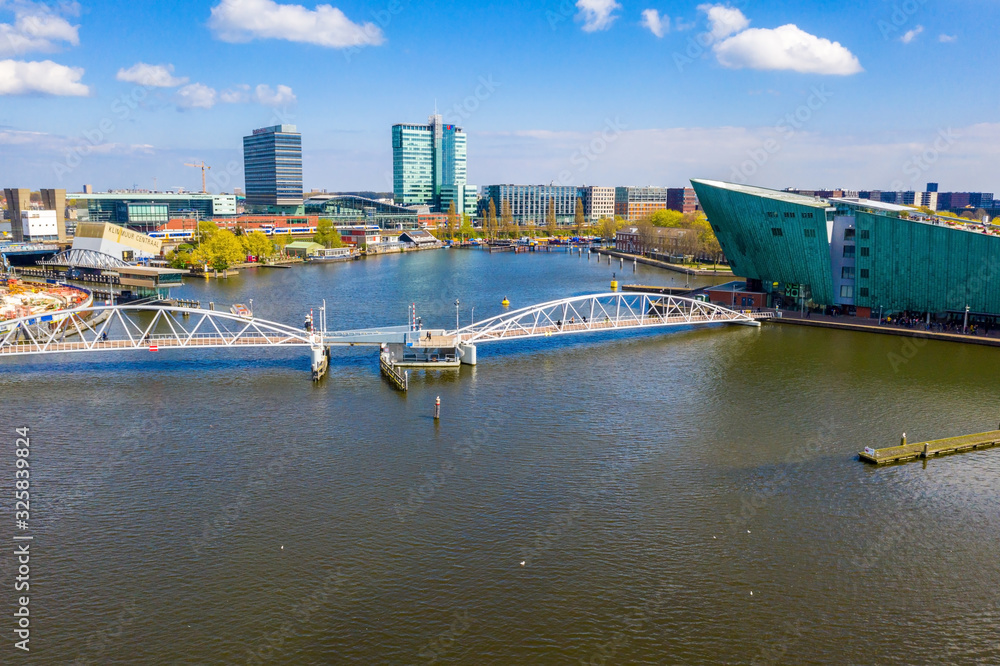 Aerial view of the Nemo Science Museum. The building is in the form of ...