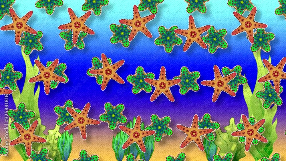 Abstract animated film with sea animals swimming horizontally with ...