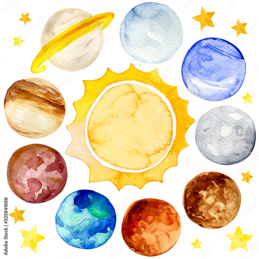 Watercolor solar system planets set including Mercury, Venus, Earth ...