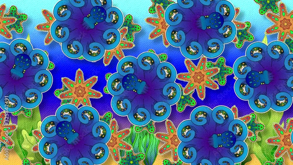 Abstract animated film with sea animals swimming horizontally with ...