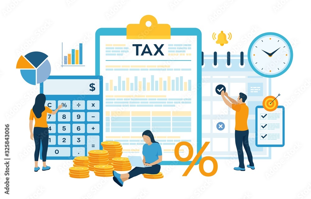 Concept tax payment. Data analysis, paperwork, financial research ...