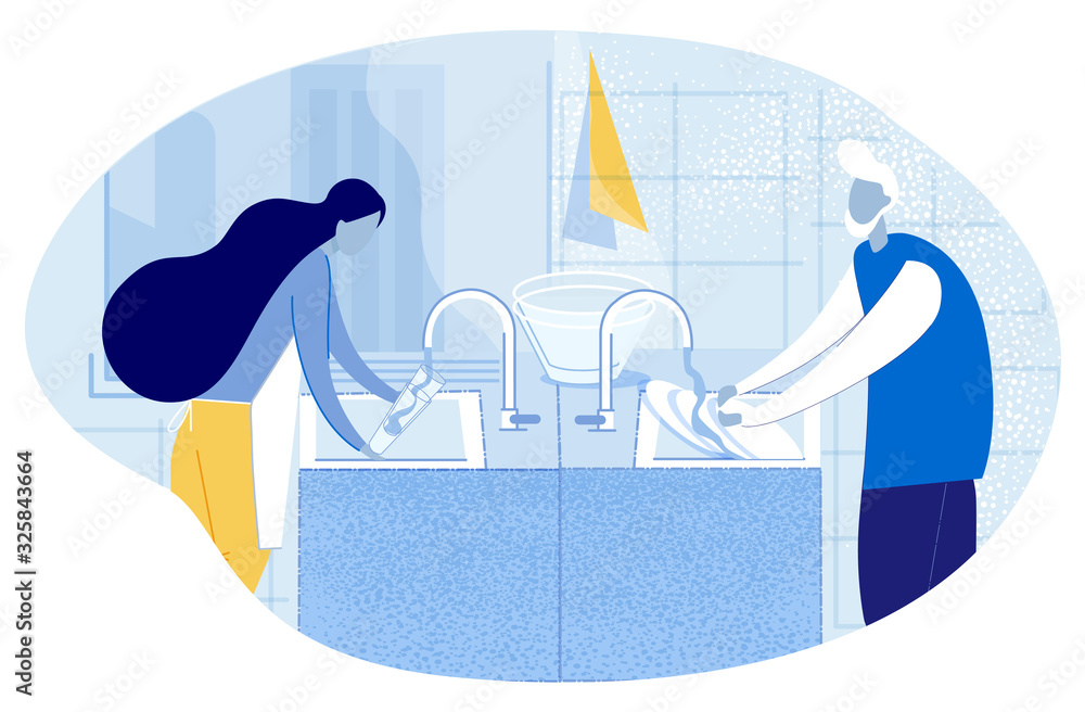 Cartoon People Characters Washing Dish. Home or Restaurant Kitchen ...