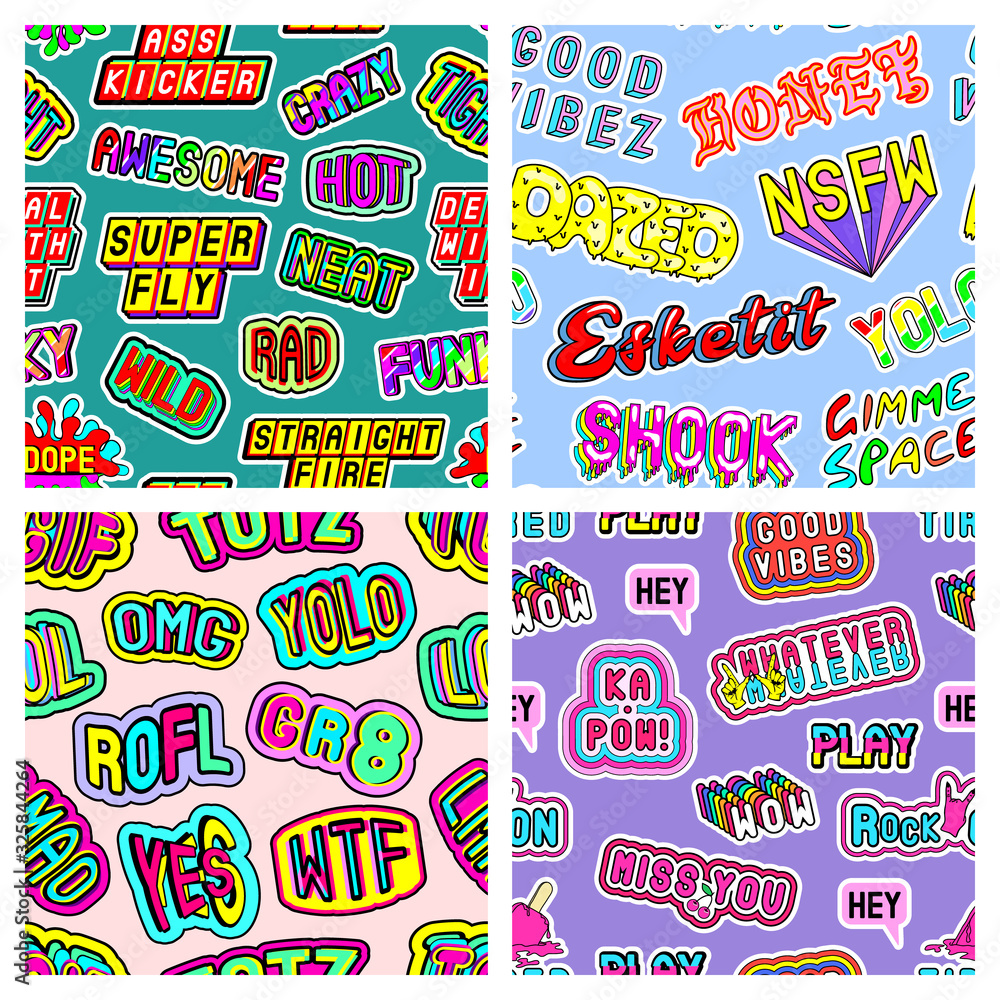 Set of 4 seamless patterns with tags, patches. Quirky cartoon comic ...